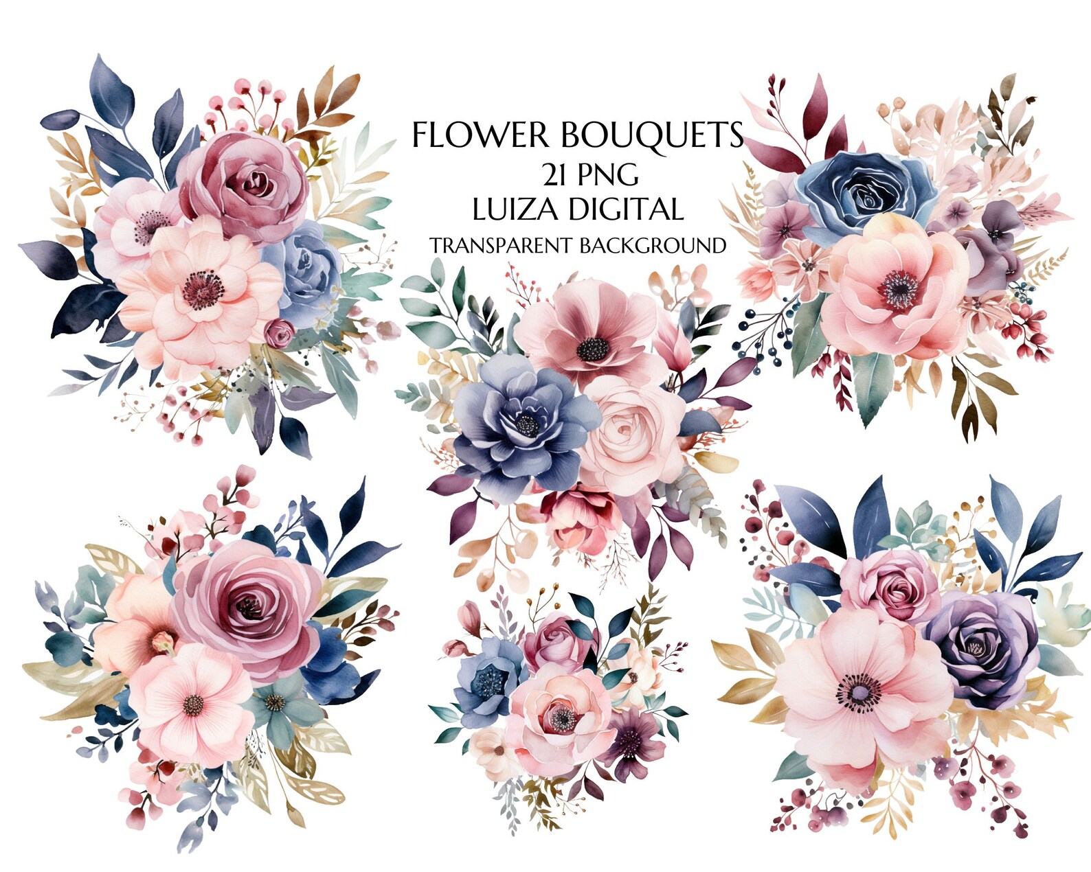 Watercolor Flower Clipart, Bouquet Clipart, Pastel Flowers Bundle ...