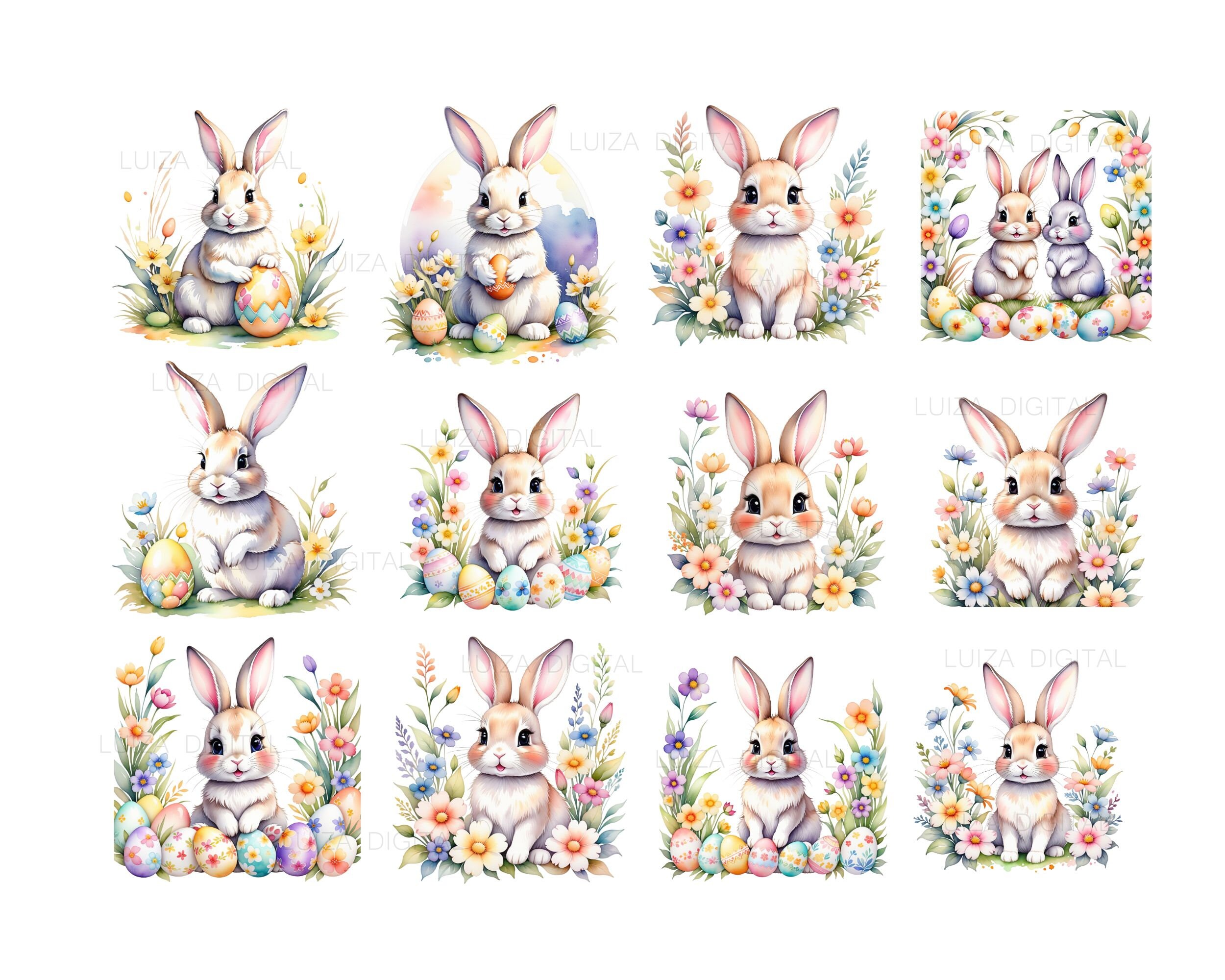 Watercolor Floral Bunny Clipart, Country Farmhouse Easter Bunny Clipart ...