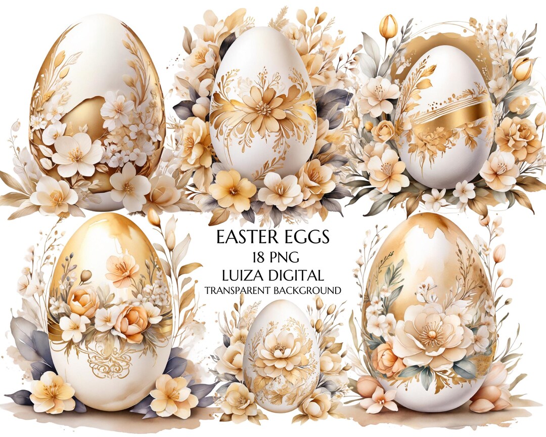 Floral Egg Clipart, Watercolor Easter Eggs Clipart, Gold Easter Egg PNG ...