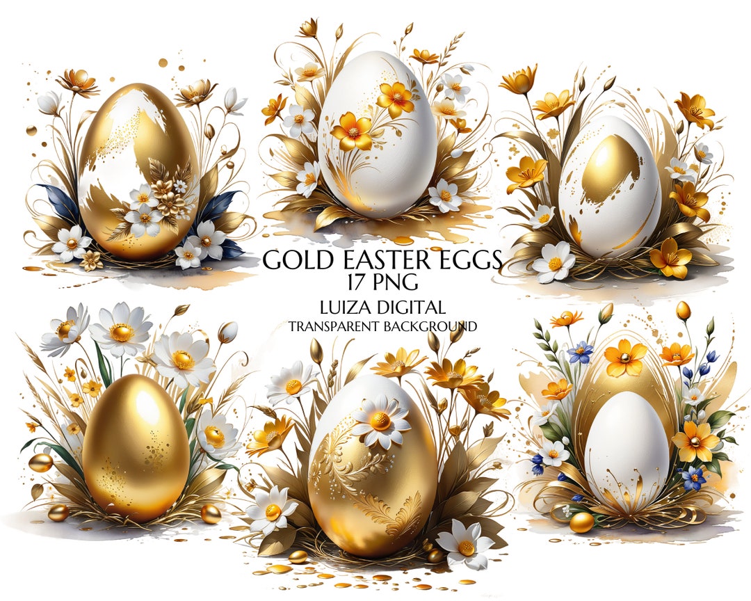 Floral Egg Clipart, Watercolor Easter Eggs Clipart, Gold 3D Easter Egg ...
