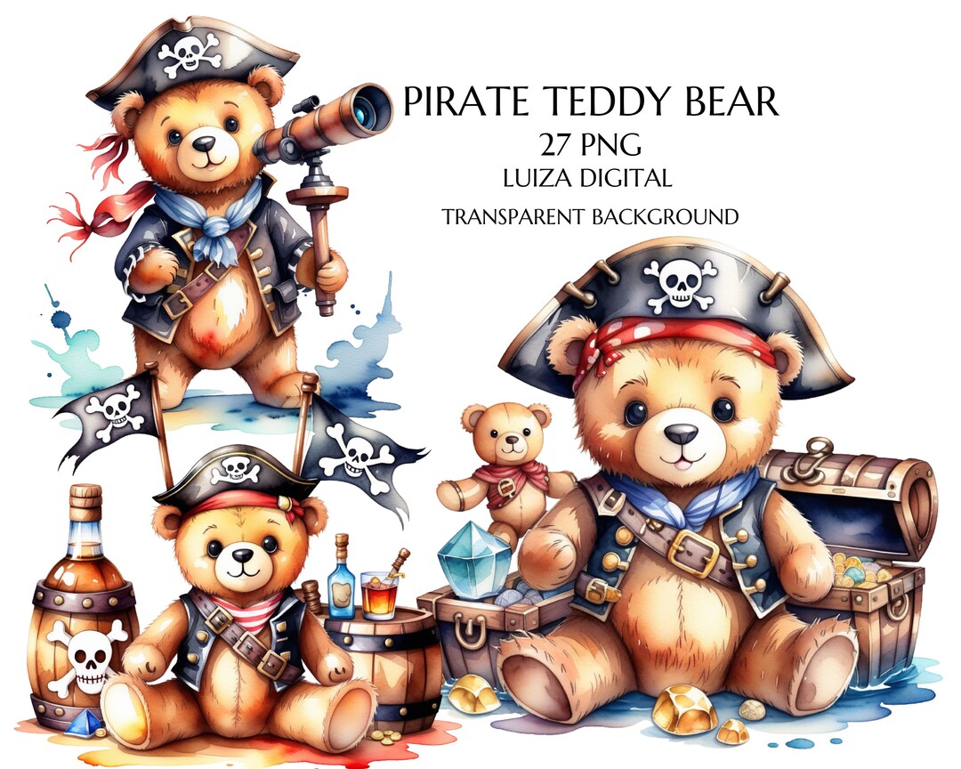Watercolor Pirate Teddy Bear Clip Art, Pirate Clipart, Craft Supplies ...