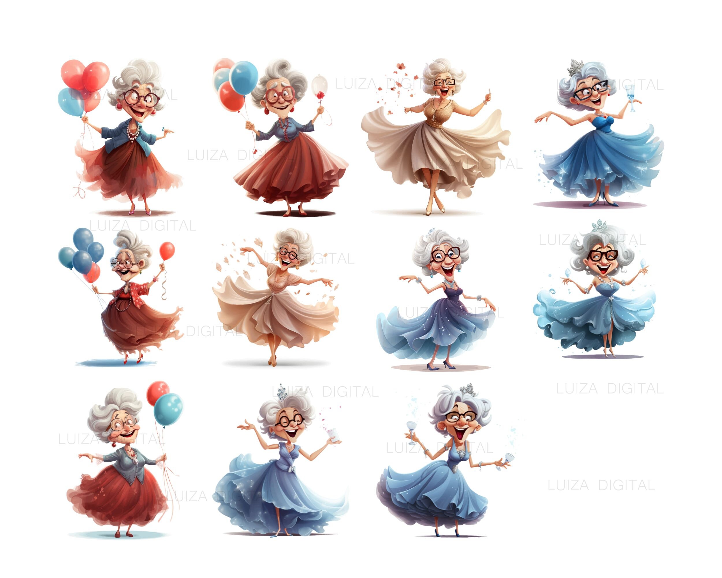 Crazy Old Lady Clipart, Funny Cartoon Grandmother, Dancing Women ...