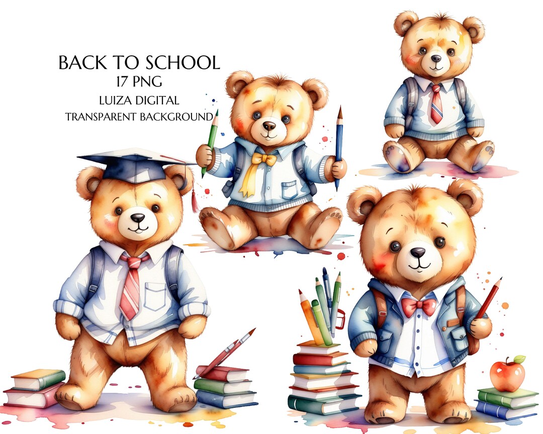 Watercolor Teddy Bear Clip Art, Back to School Teddy Bear, Vintage ...