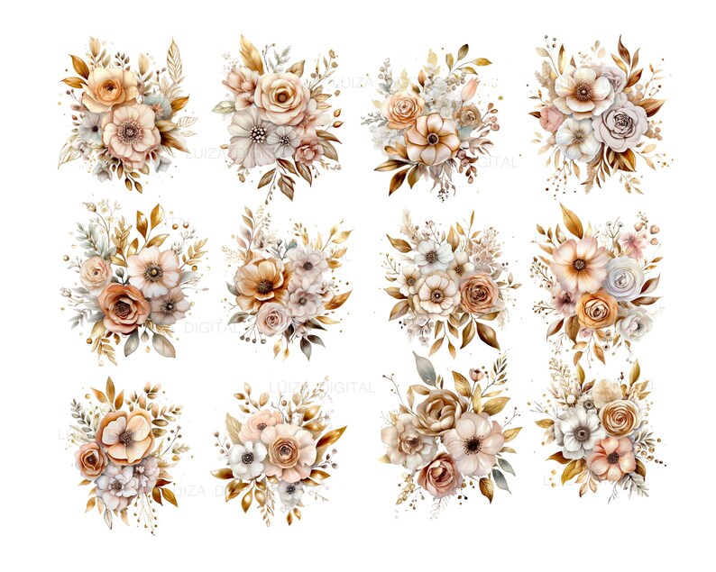 Gold Flowers PNG, Watercolor Floral Clipart Bouquets, Wedding Flowers ...