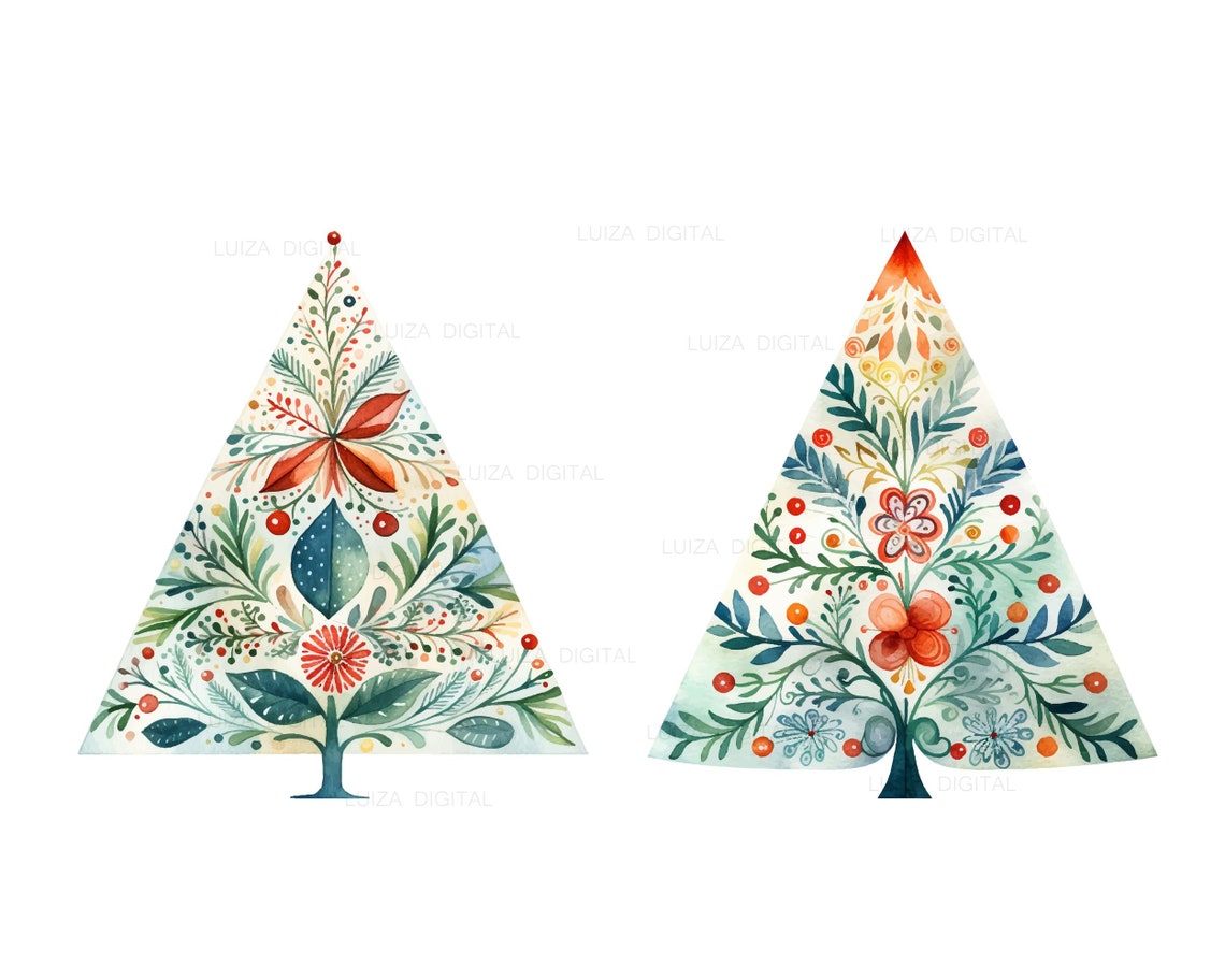 Scandinavian Christmas Tree Clipart, Watercolor Folk Christmas Tree PNG ...
