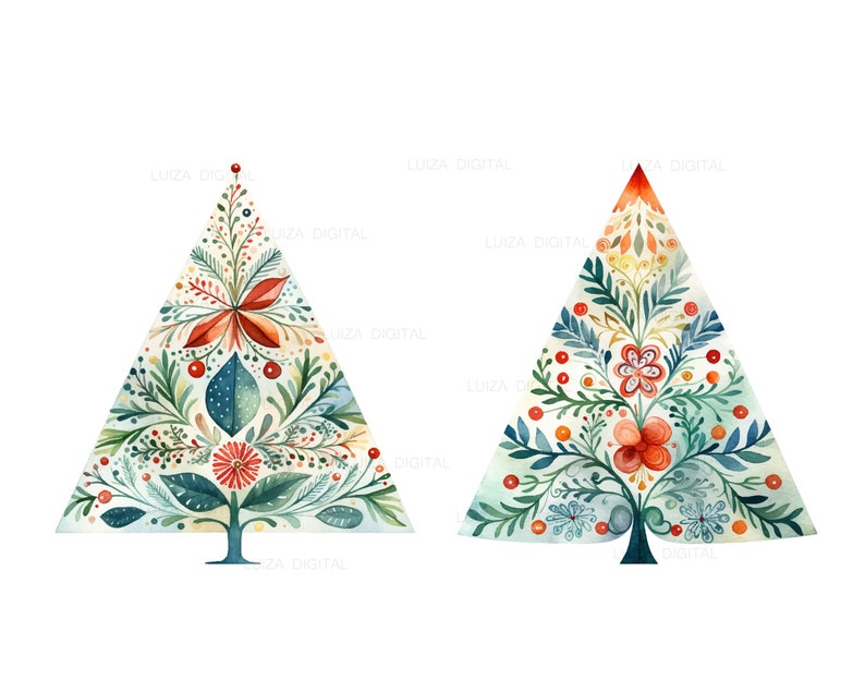 Scandinavian Christmas Tree Clipart, Watercolor Folk Christmas Tree PNG ...