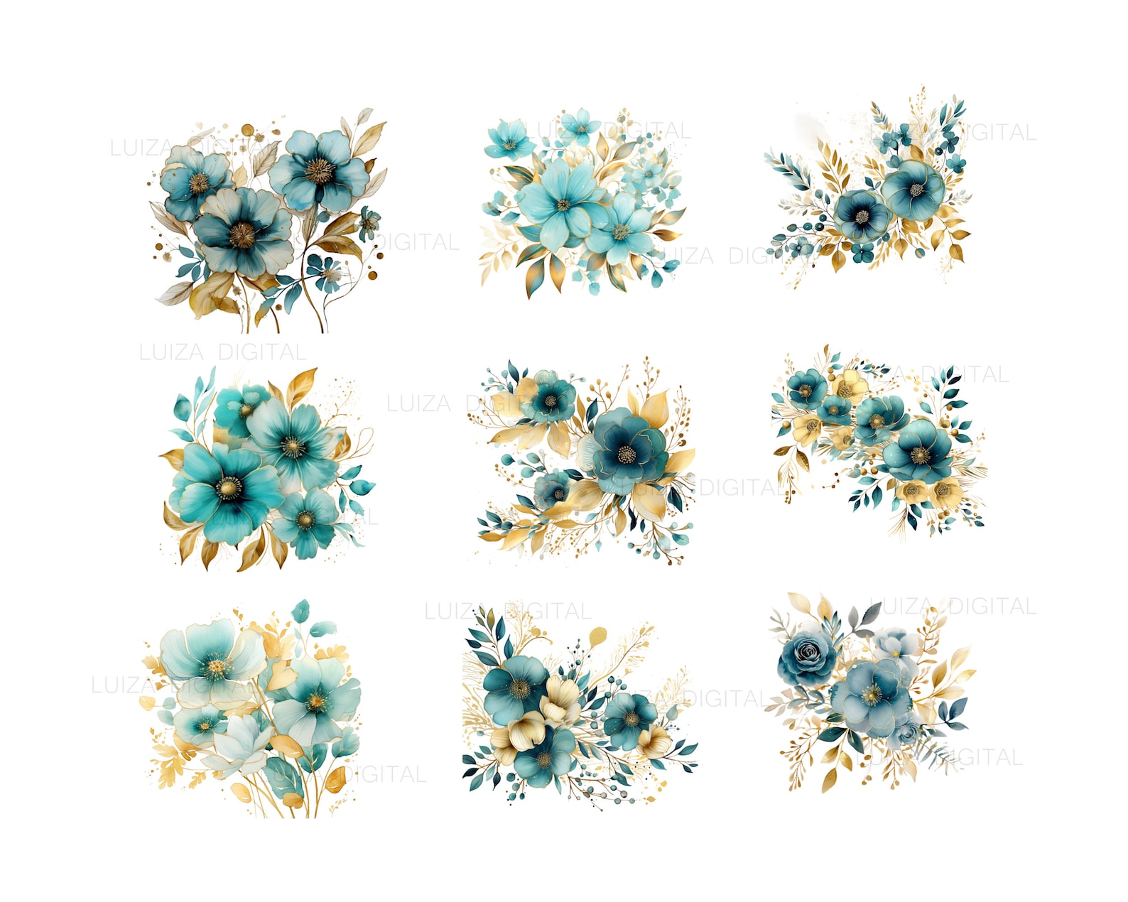 Teal and Gold Flowers PNG, Watercolor Floral Clipart Bouquets, Wedding ...