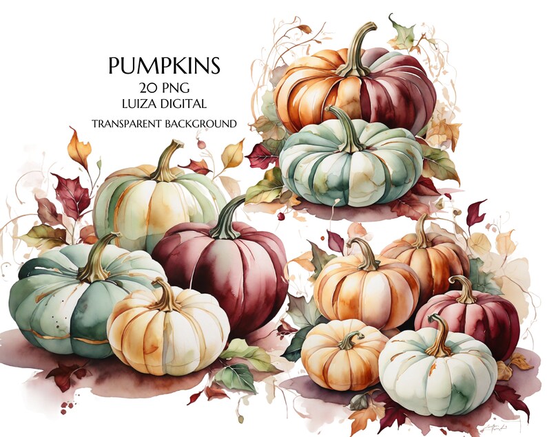 Watercolor Pumpkin Clipart, Autumn Clipart, Green and Burgundy Pumpkin ...