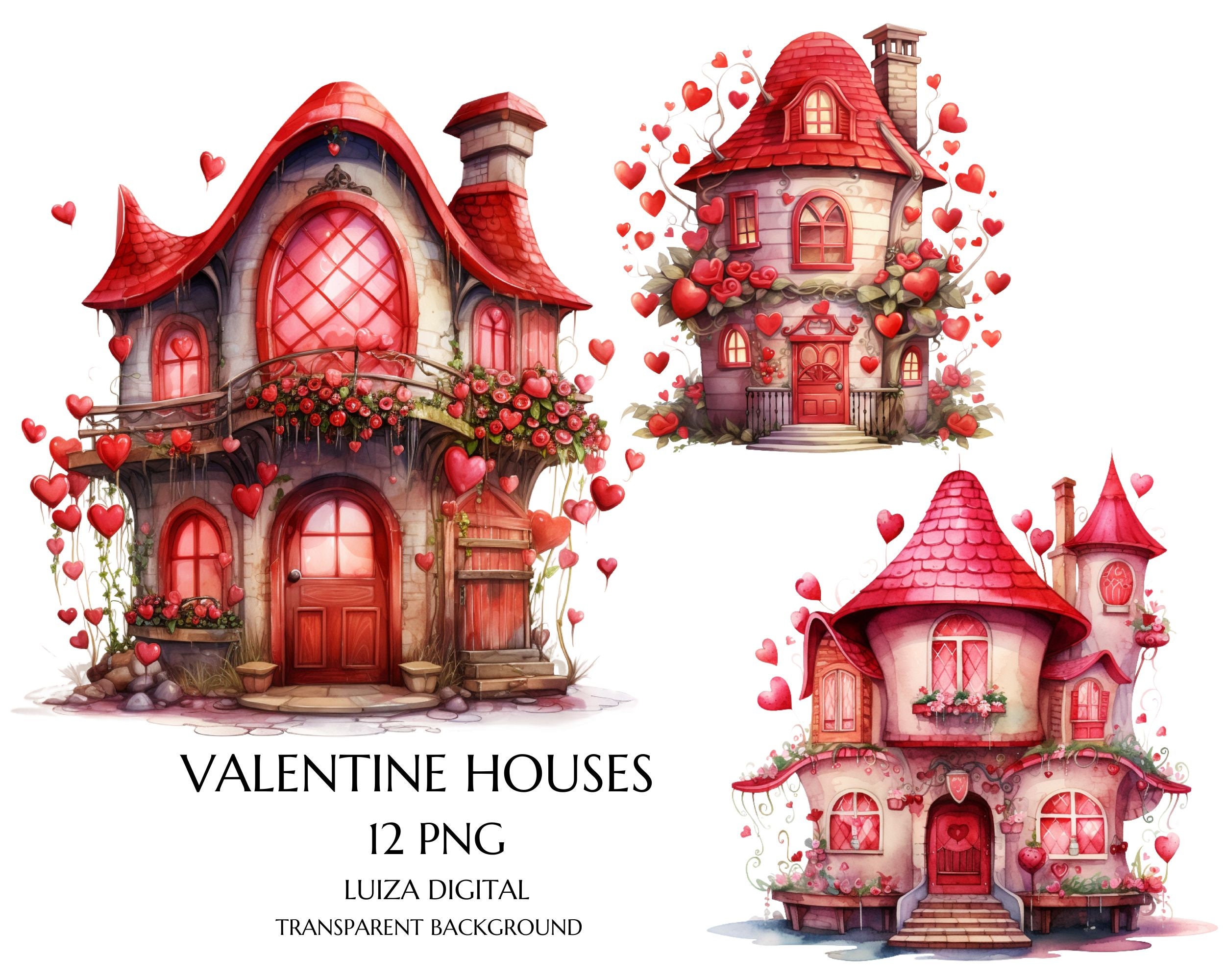 Watercolor Valentines Day House Clipart, Whimsical Sweet Home Png ...