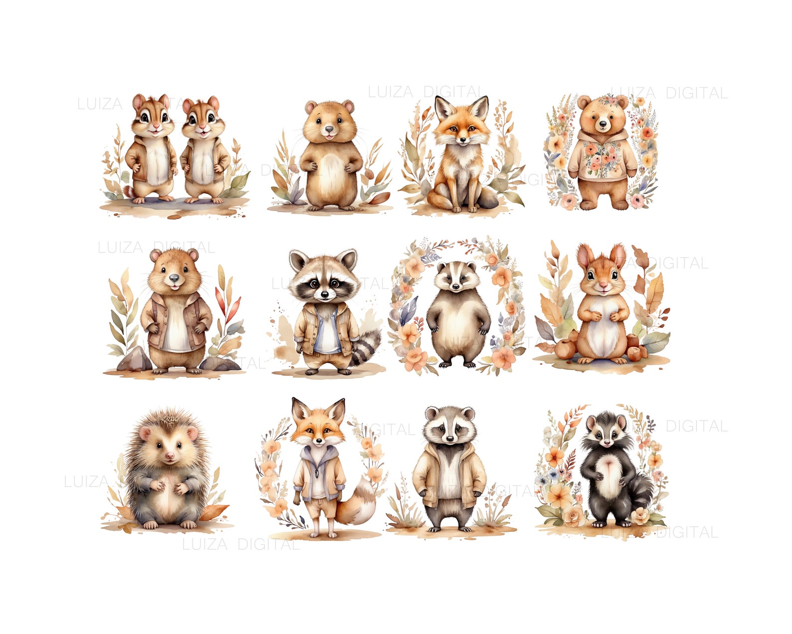 Woodland Clipart, Woodland Animals, Trees, Mushrooms Clipart, Bear, Fox ...
