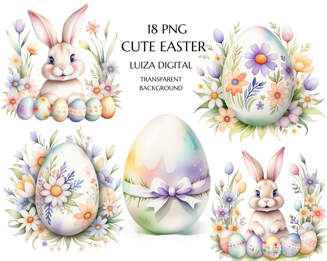 Pastel Easter Bunny Clipart, Rabbit Clipart, Easter Eggs With Flowers ...