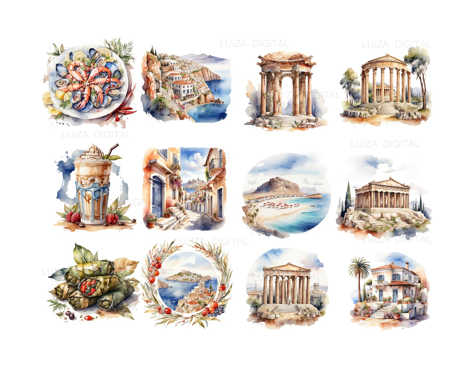 Watercolor Ancient Greek Clipart, Ancient Greek, Greece Summer Clip Art ...