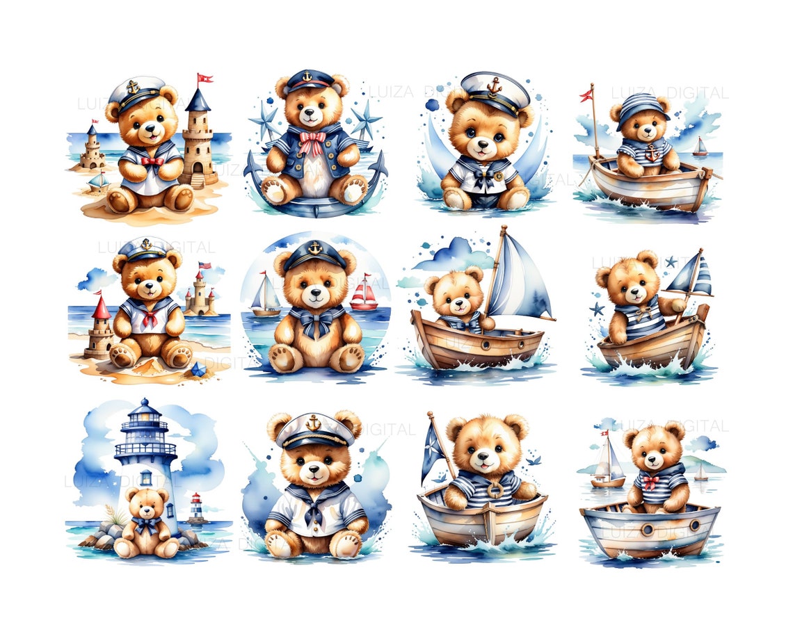 Cute Sailor Teddy Bear Clipart, Nautical Nursery Clipart, Baby Teddy ...