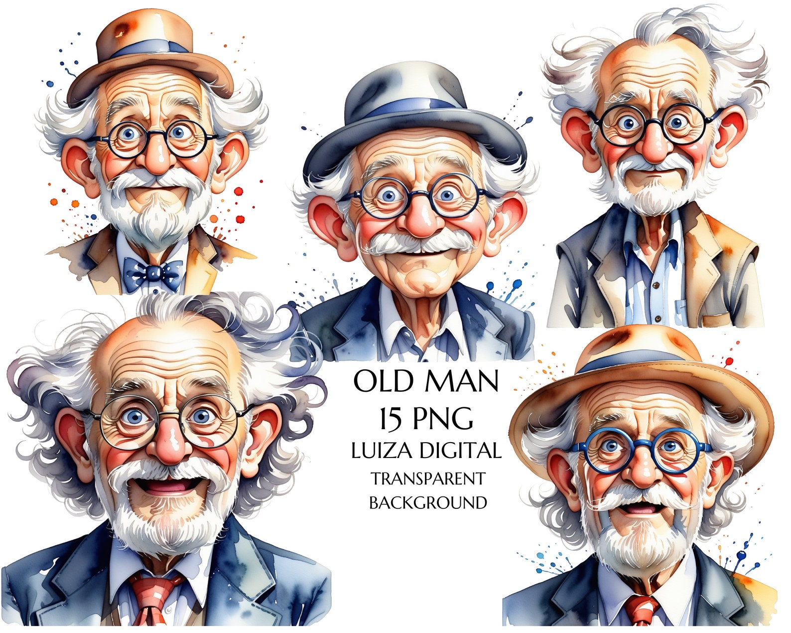 Grandfather Png, Watercolor Funny Old Man Clipart, Happy Grandpa ...