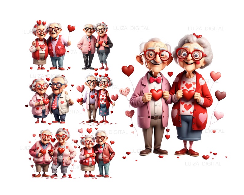 Cute Old Couple Clipart, Cartoon Grandma and Grandpa, Gift for Romantic ...