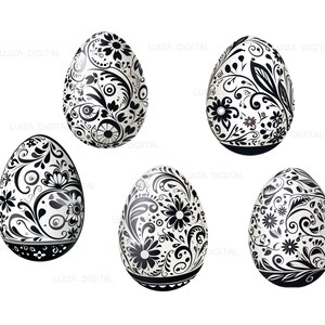 Black and White Easter Egg Clipart, Whimsical Easter Egg PNG, Floral ...