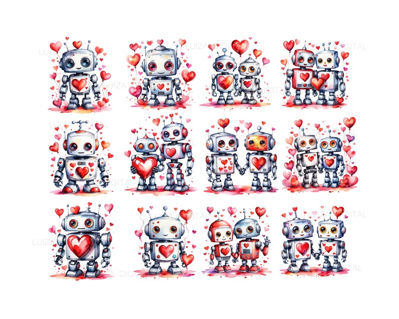 Valentine Robot Clipart Set, Robot Hearts and Love Clip Art PNG Files ...