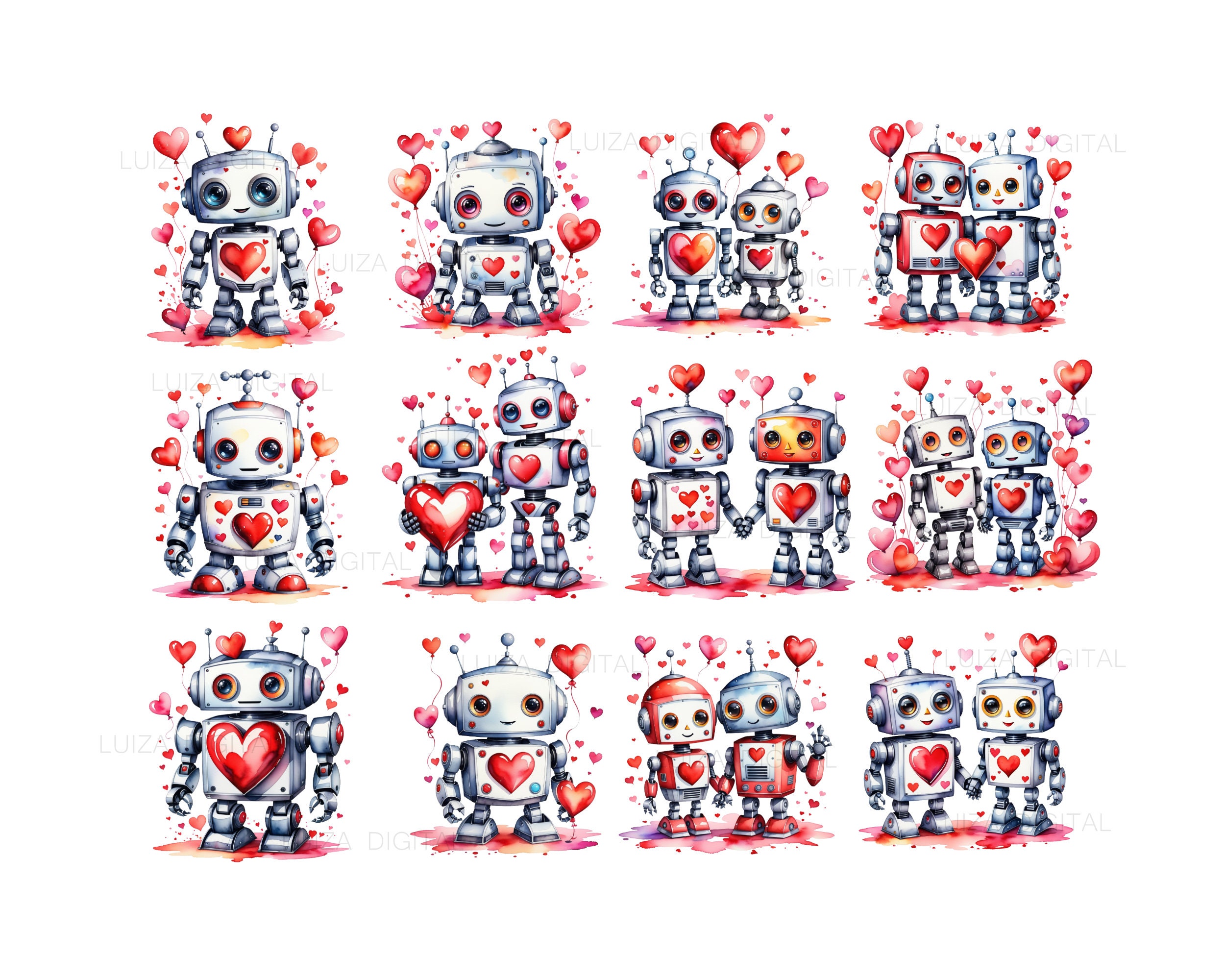 Valentine Robot Clipart Set, Robot Hearts and Love Clip Art PNG Files ...