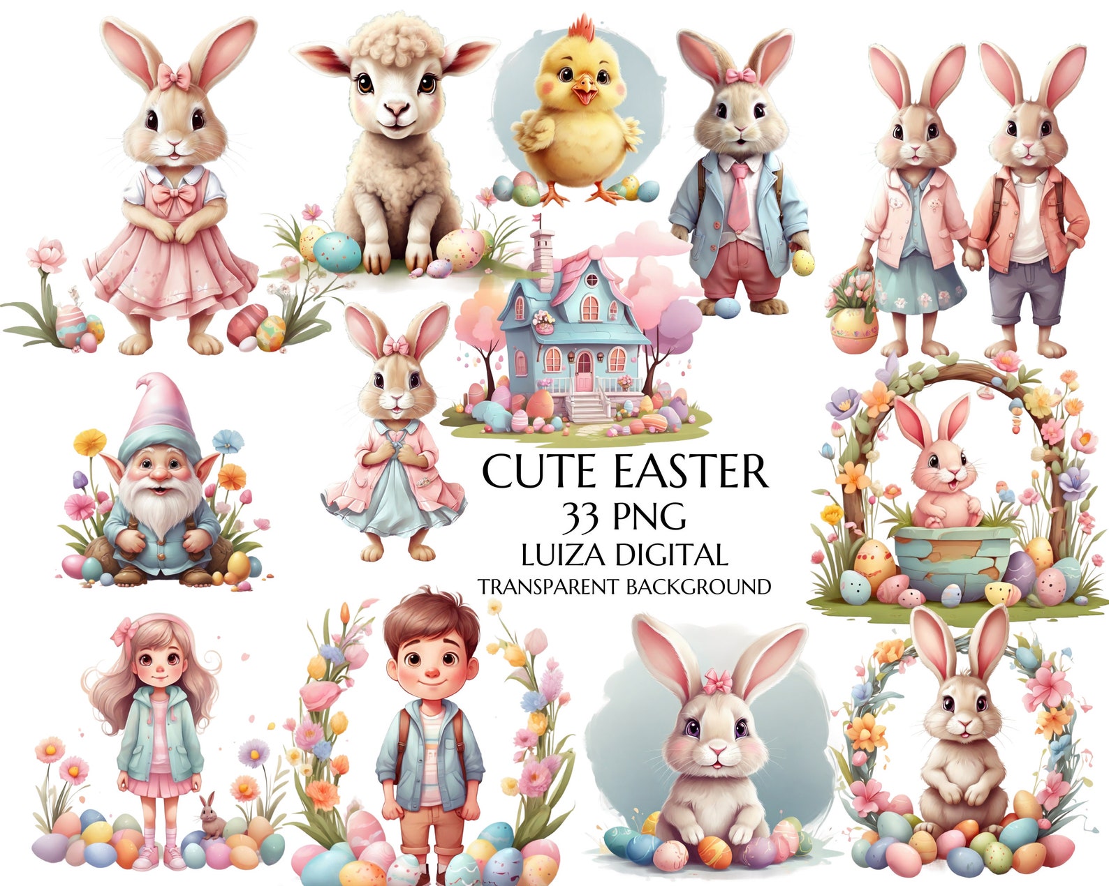 Pastel Easter Bunny Clipart, Watercolor Spring Rabbit Couple, Boho ...