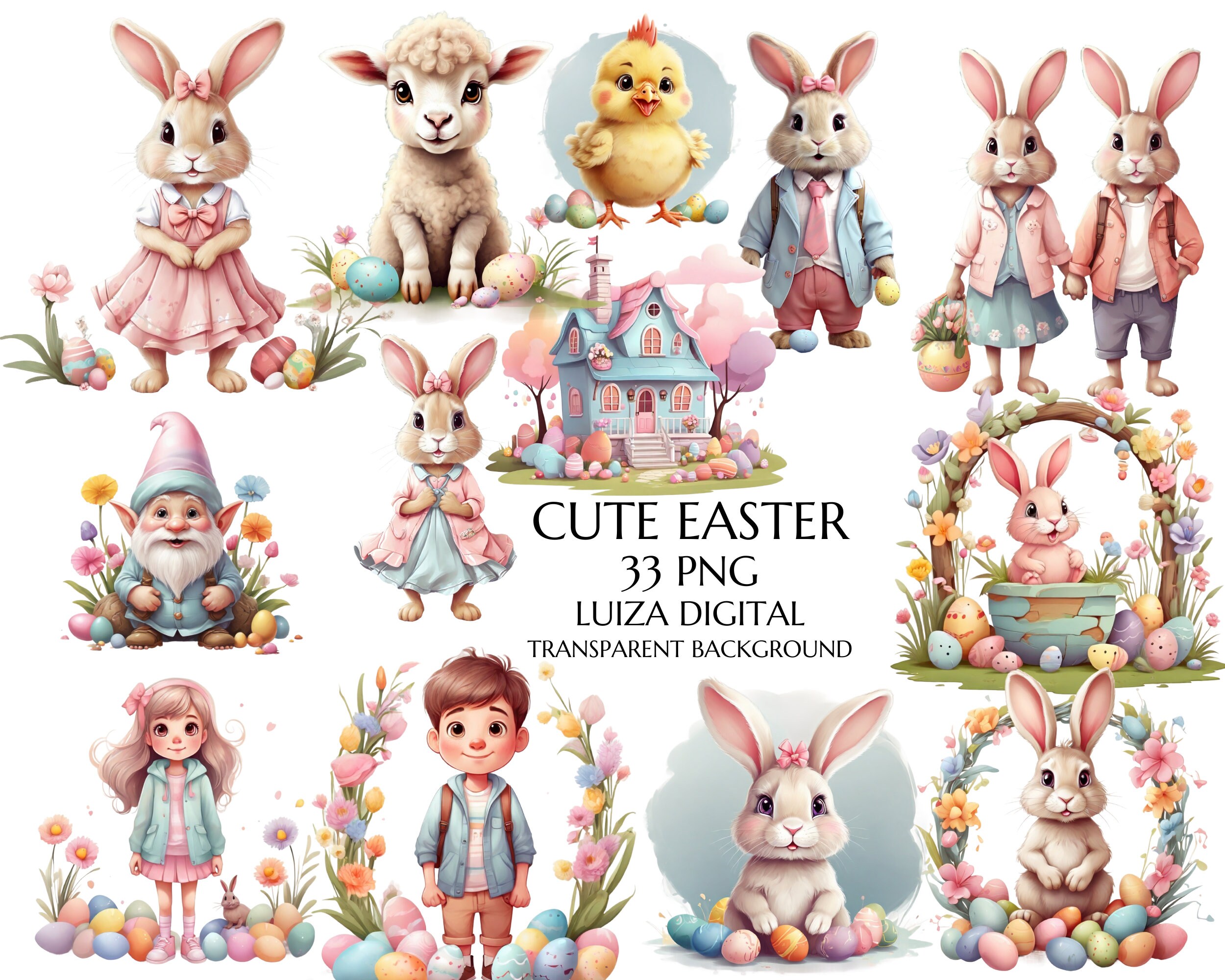 Pastel Easter Bunny Clipart, Watercolor Spring Rabbit Couple, Boho ...