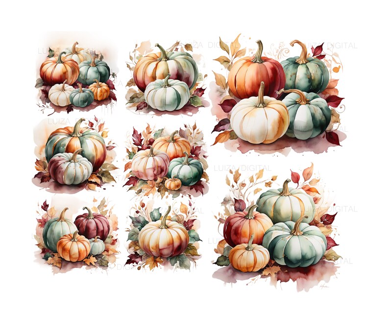 Watercolor Pumpkin Clipart, Autumn Clipart, Green and Burgundy Pumpkin ...