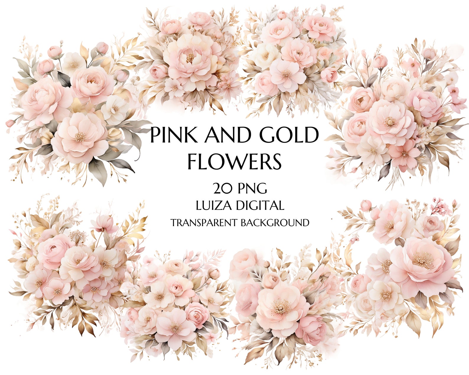 Pink & Gold Flowers PNG, Watercolor Floral Clipart Bouquets, Wedding ...