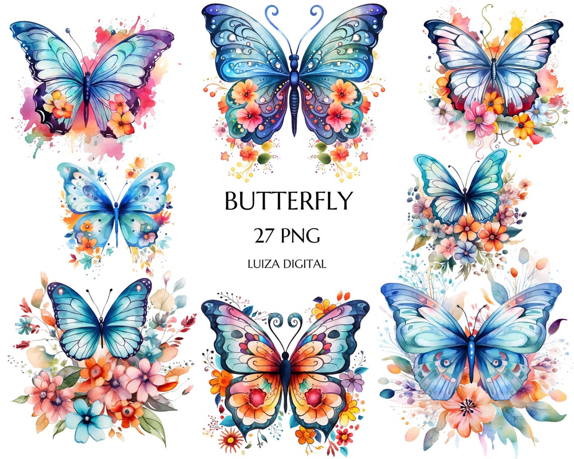 Watercolor Floral Fantasy Butterfly Clipart, Fairy Garden Clipart ...