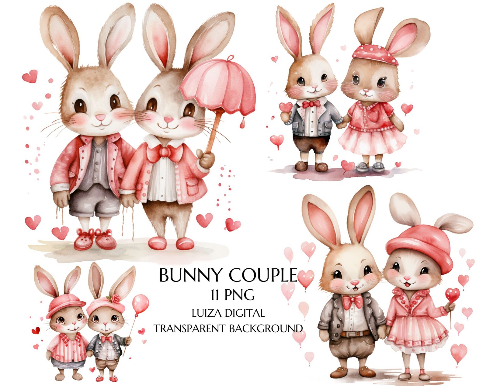 Valentine Watercolor Bunny Couple Clipart, Romantic Bunny Clipart ...