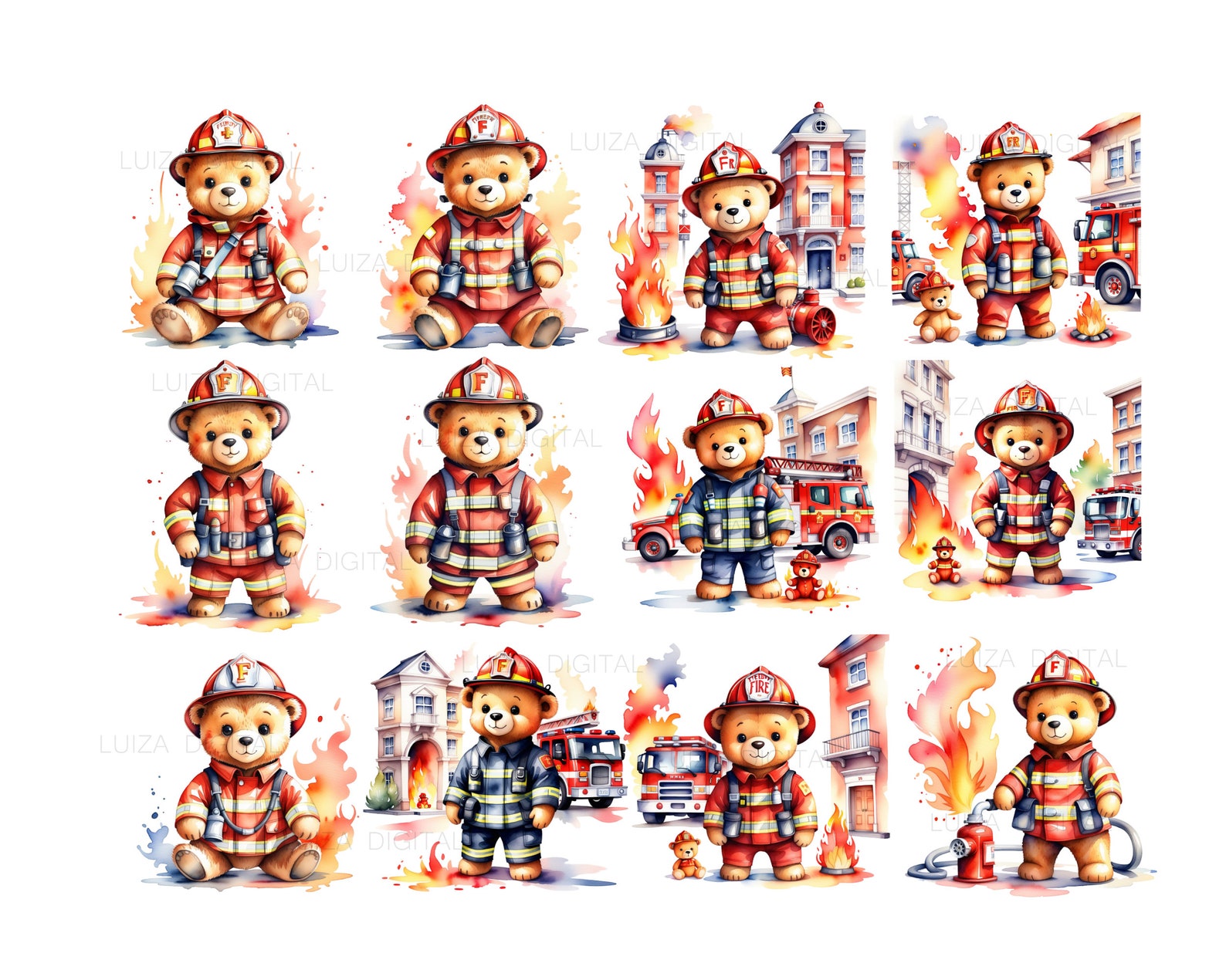 Watercolor Fireman Teddy Bear Clip Art, Firefighter Clipart, Craft ...