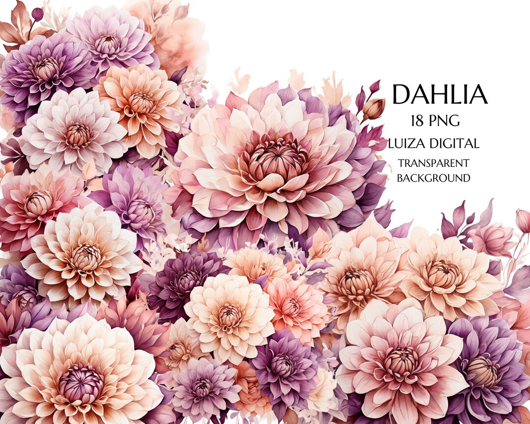Flowers Clipart, Rose Gold and Purple Dahlia PNG, Bouquets, Wedding ...