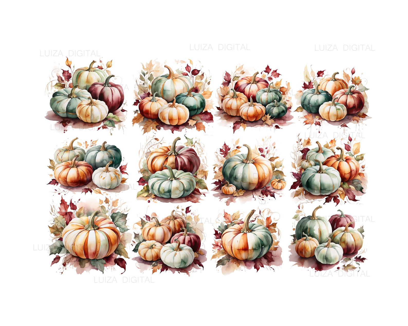 Watercolor Pumpkin Clipart, Autumn Clipart, Green and Burgundy Pumpkin ...