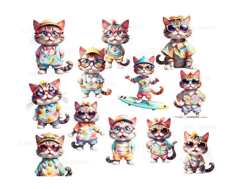 Cute Cat Clipart Bundle, Clip Art Set of 12 High Quality Pngs, Happy ...