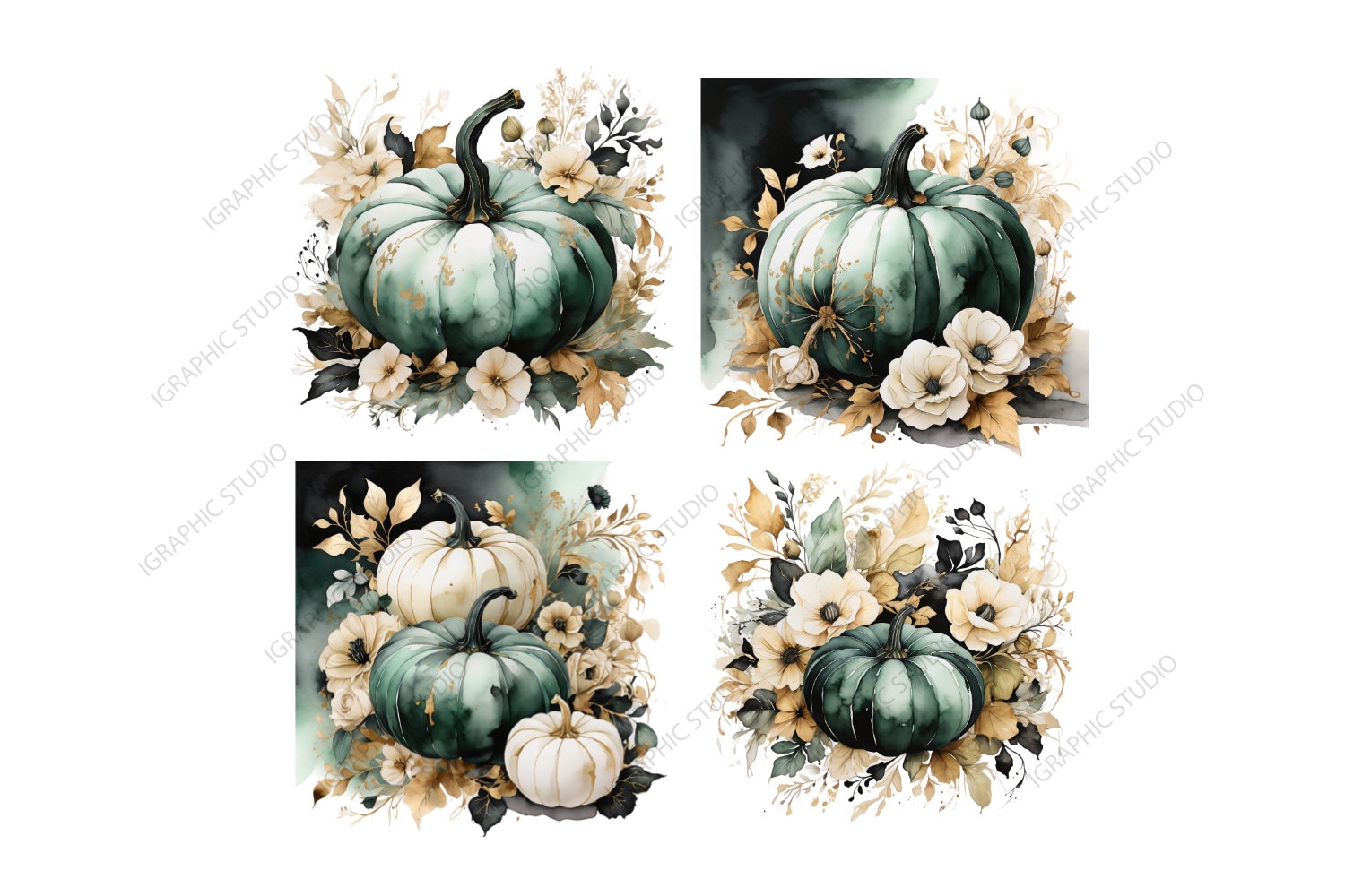 Watercolor Pumpkin Clipart, Autumn Clipart, Green and Gold Pumpkin ...