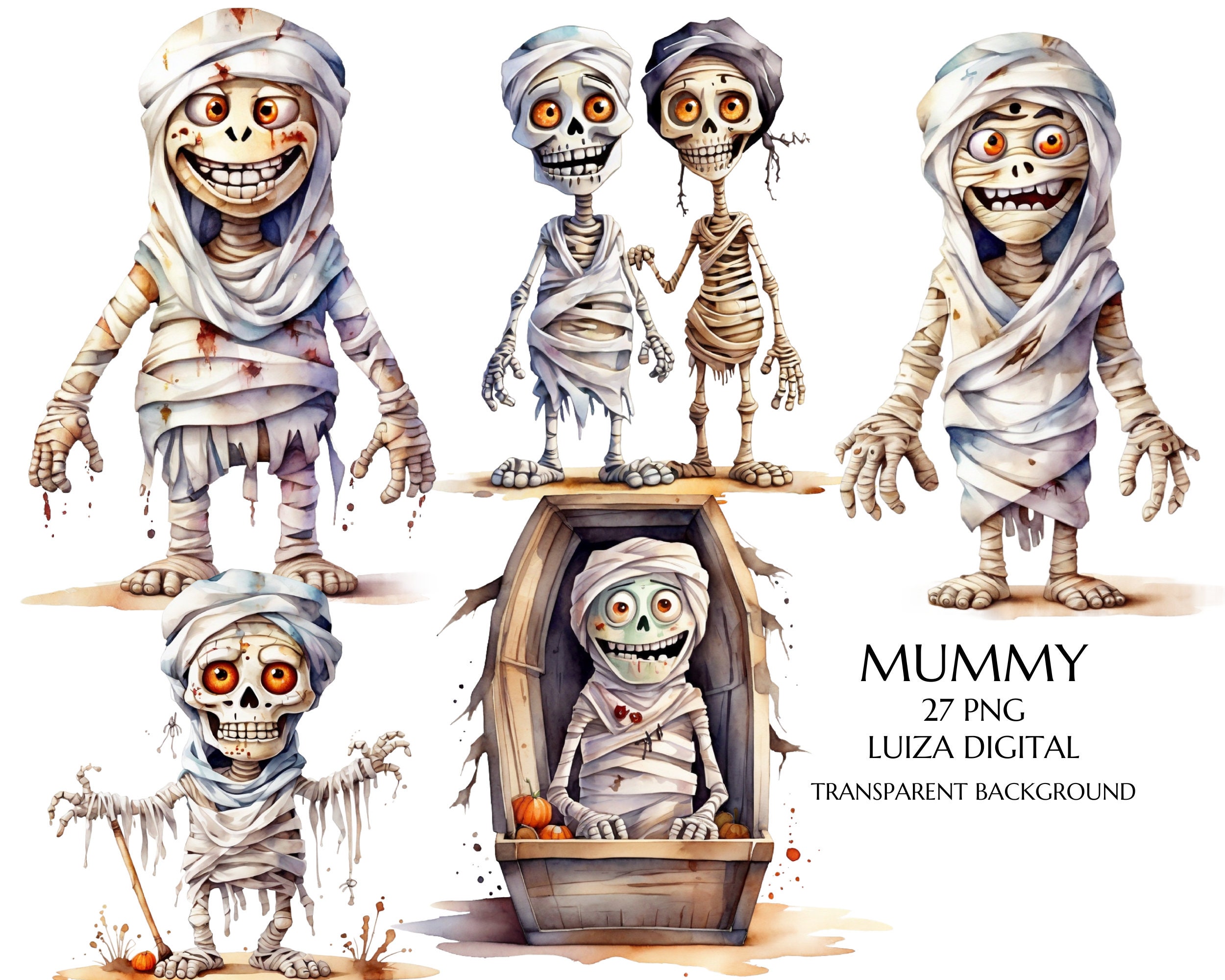 Watercolor Halloween Mummy Clipart, Halloween PNG, Cute Halloween ...