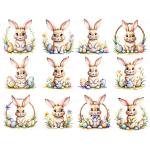 Cute Easter Bunny Clipart, Pastel Watercolor Spring Bunnies, Boho ...