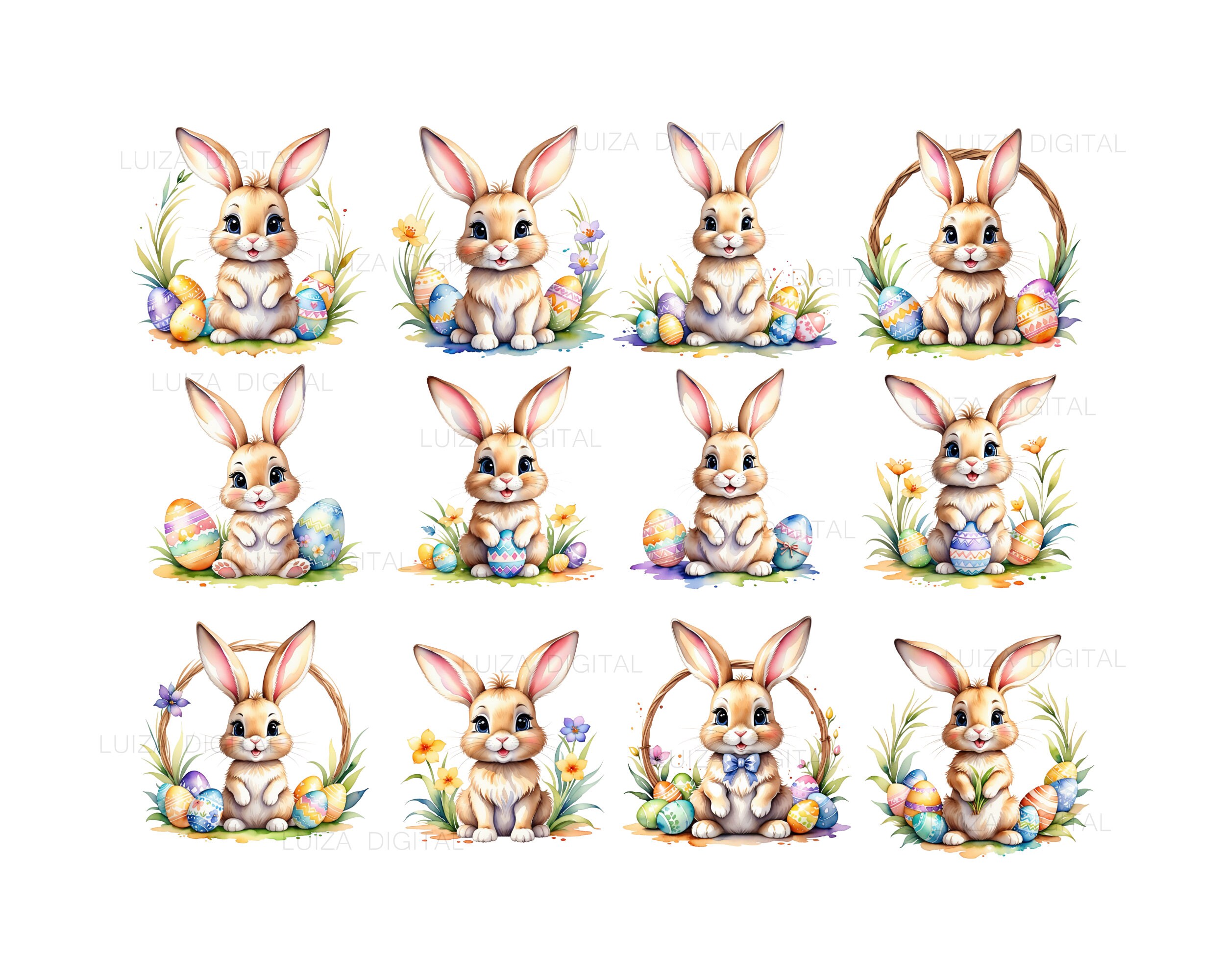 Cute Easter Bunny Clipart, Pastel Watercolor Spring Bunnies, Boho ...