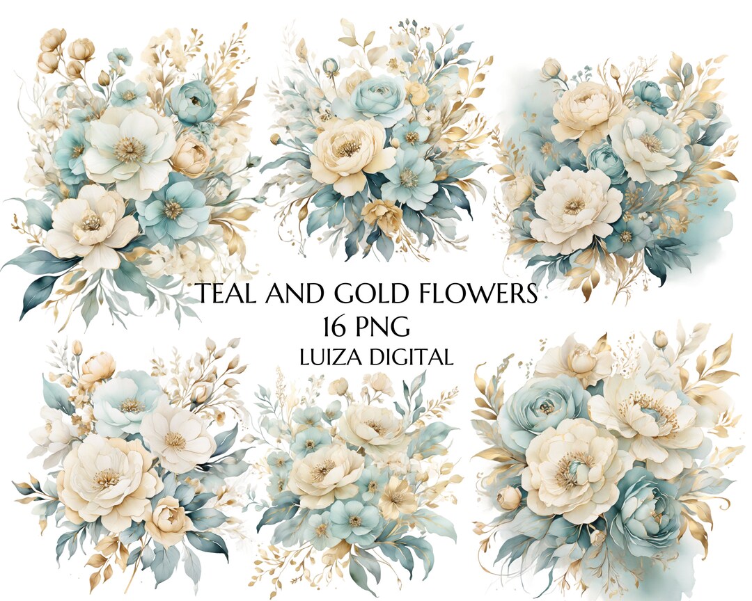 Watercolor Flowers Clipart, Teal and Gold Flowers, Elegant Bouquet ...