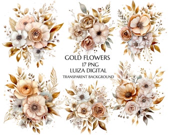 Purple and Gold Flowers PNG, Watercolor Floral Clipart Bouquets ...