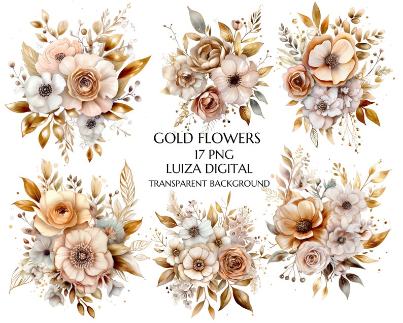 Gold Flowers PNG, Watercolor Floral Clipart Bouquets, Wedding Flowers ...
