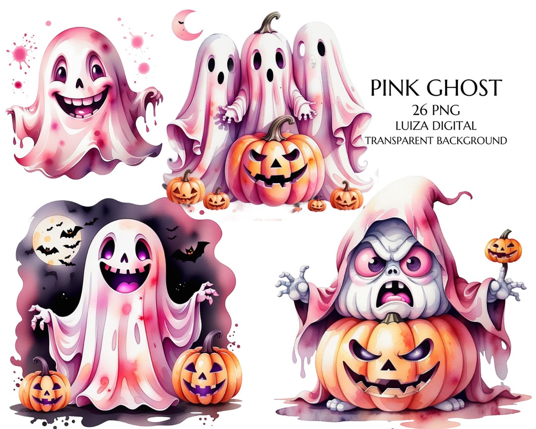 Halloween Pink Ghost Clipart, Halloween Pumpkin Clipart Bundle, Cute ...