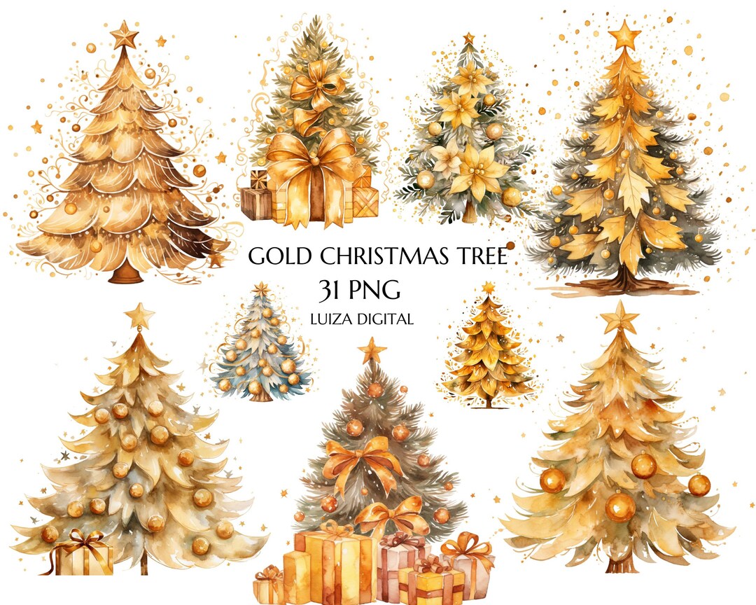 Luxeury Gold Christmas Tree Clipart Christmas Tree PNG, Watercolor ...