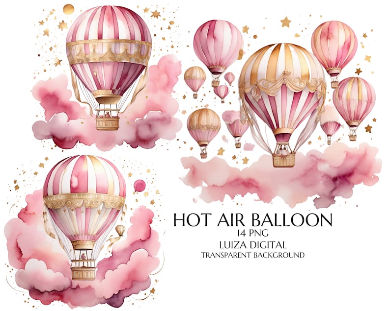 Hot Air Balloon Clipart, Pink Hot Air Balloon, Balloons and Clouds ...