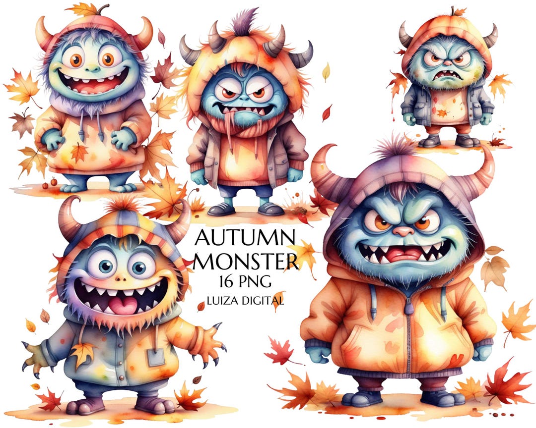 Autumn Monsters Clipart, 16 PNG Halloween Monster Clipart, Monster ...