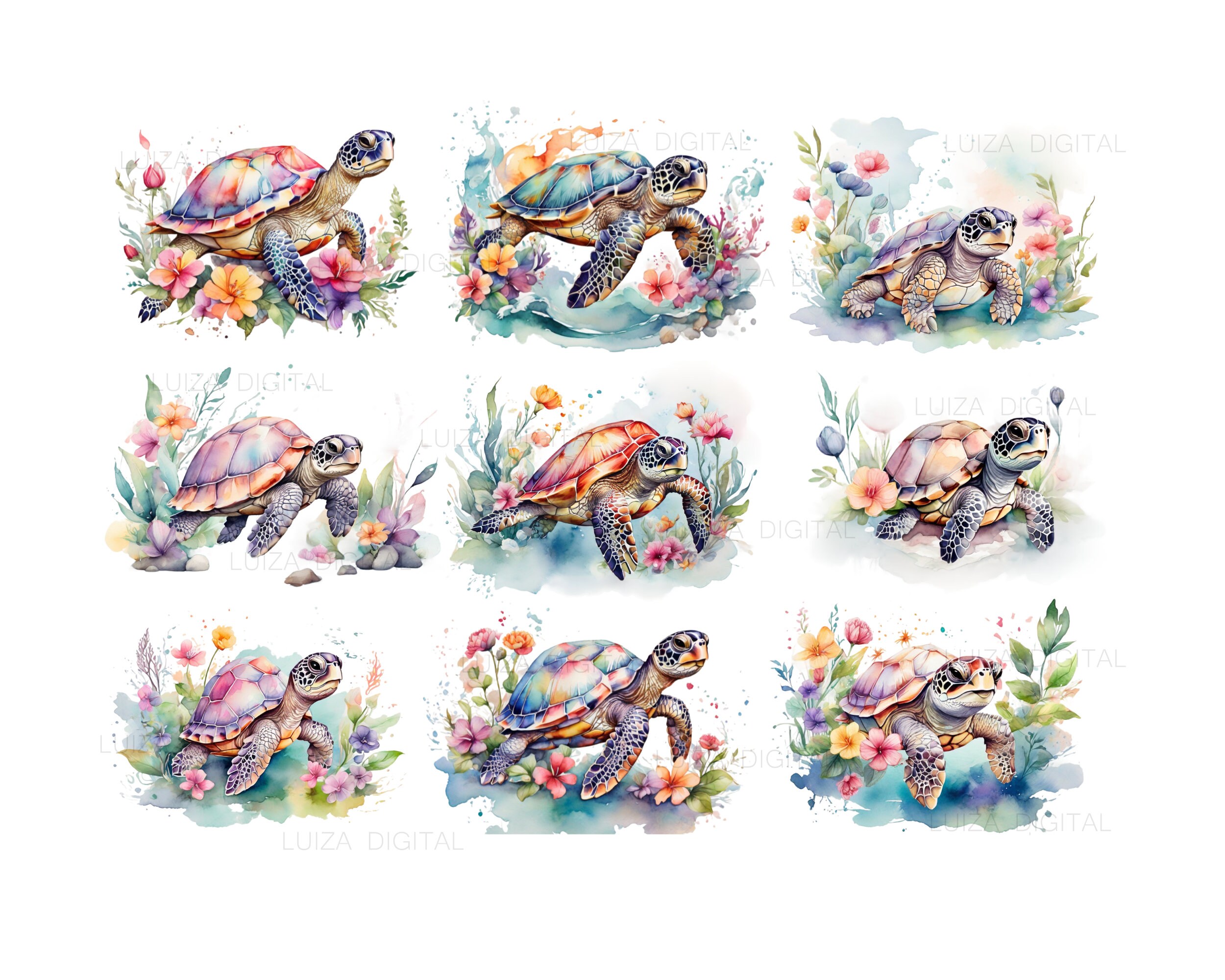 Watercolor Sea Turtle Clipart, Cute Nautical Ocean Animals PNG Clip Art ...