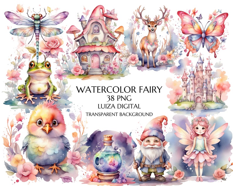 Pastel Adorable Fairy Girl Garden Clipart, Watercolor Fairy House PNG ...