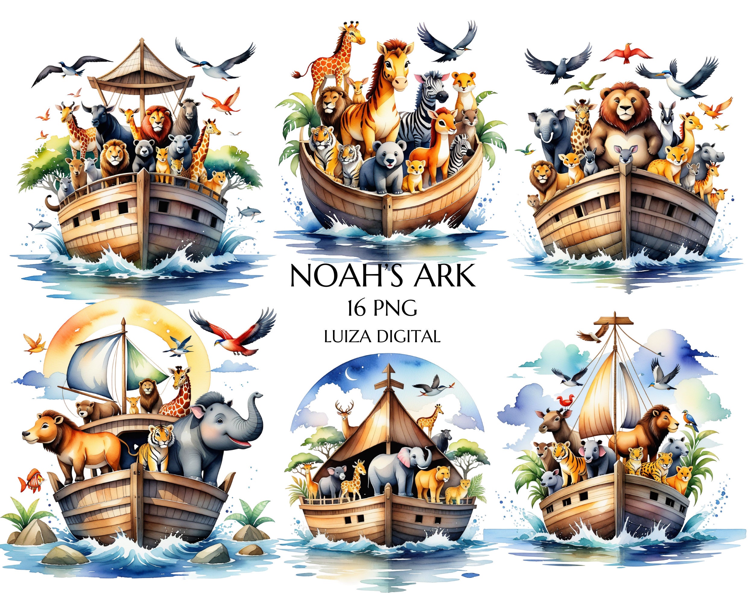Watercolor Noah's Ark Watercolor Clipart, 16 PNG Noah's Ark Clipart ...
