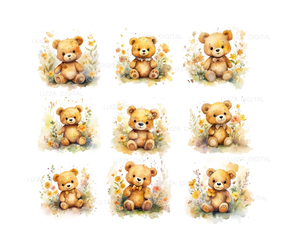 Watercolor Teddy Bear Clipart, Spring Teddy Bear PNG, Newborn Clipart ...