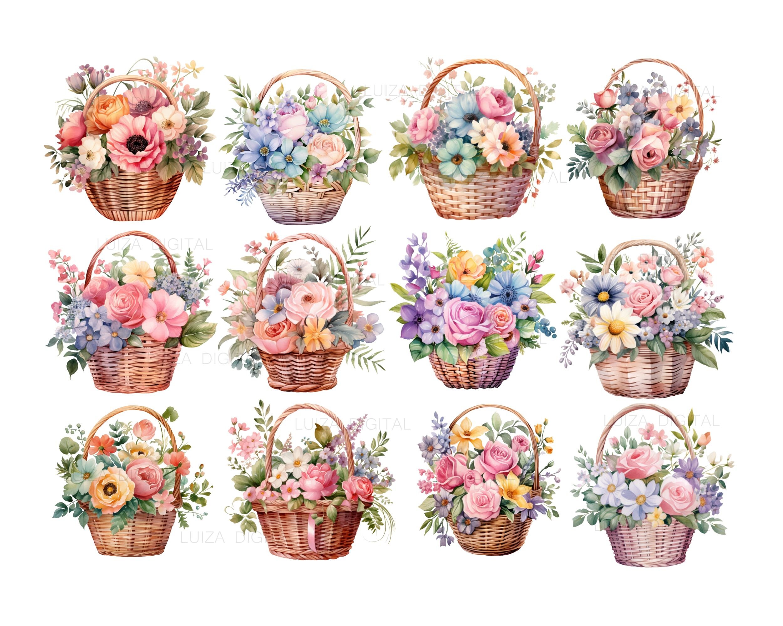 Watercolor Floral Basket Clipart, Country Farmhouse Flowers, Spring ...