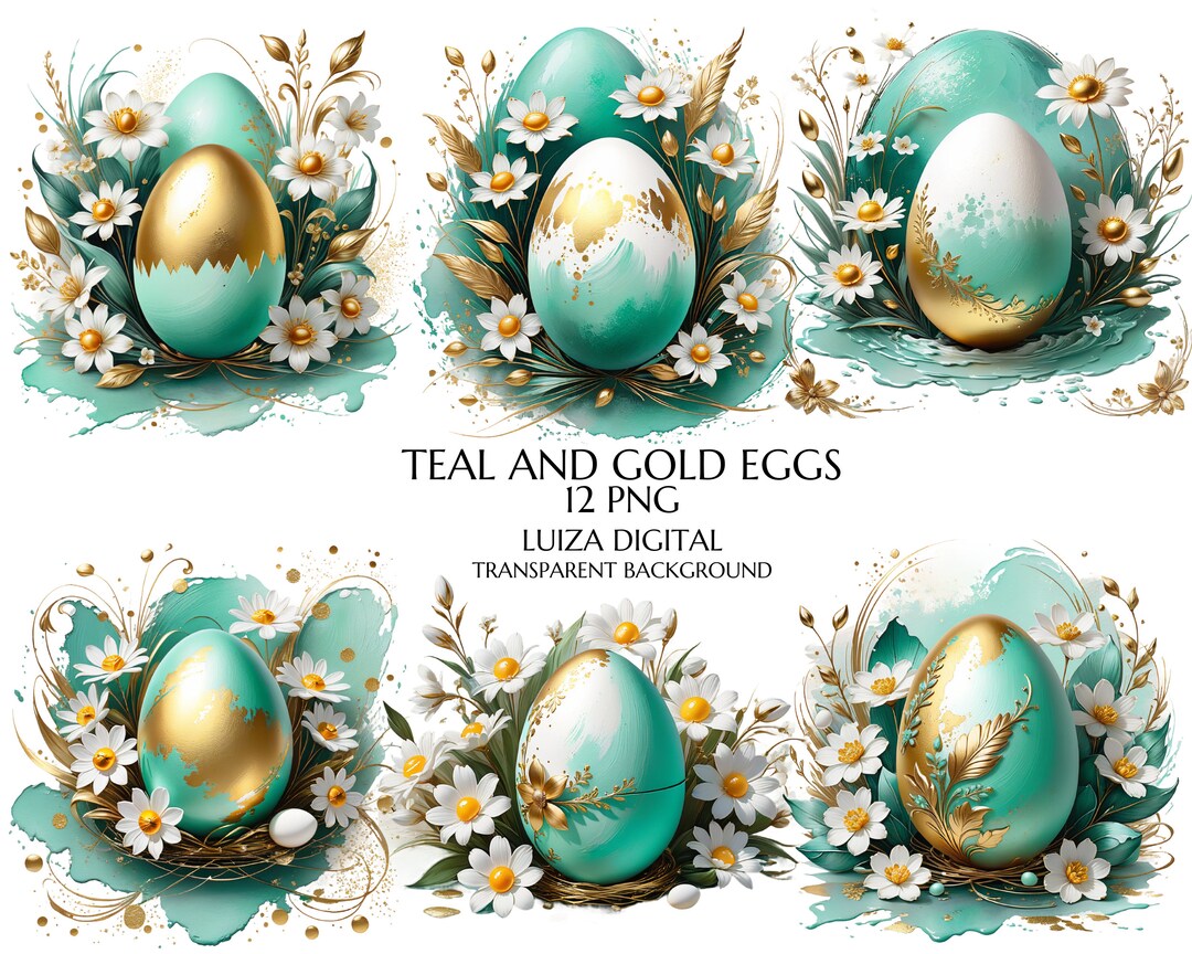 Floral Egg Clipart, Watercolor Easter Eggs Clipart, Teal and Gold 3D ...