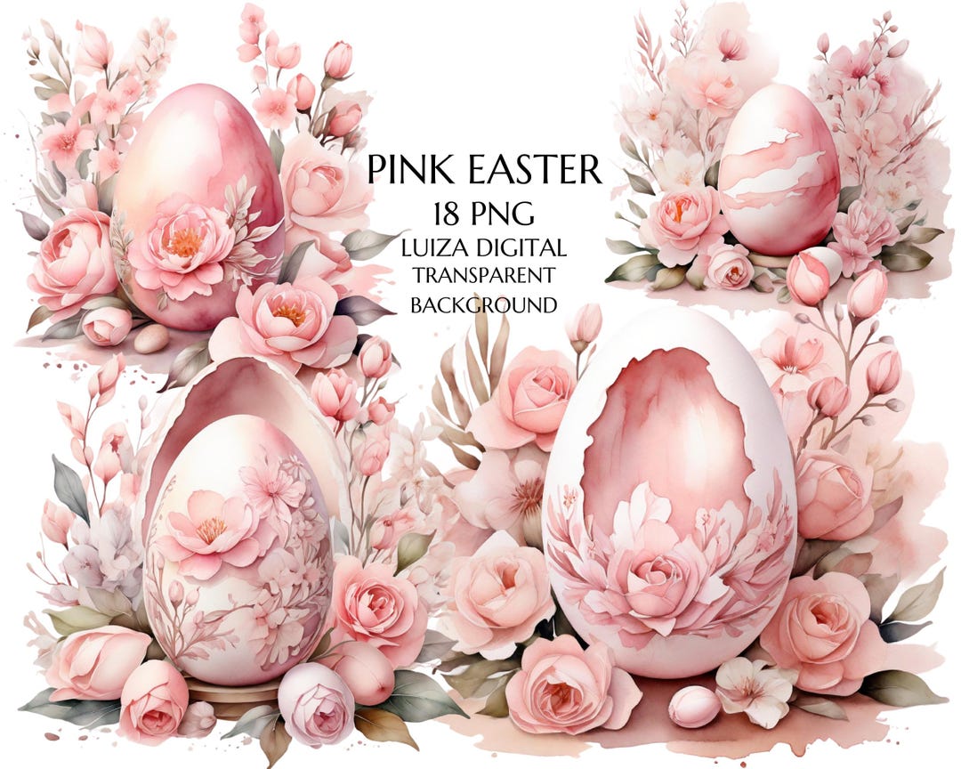 Watercolor Floral Easter Egg Clipart Bundle, Pink Easter Png, Spring ...